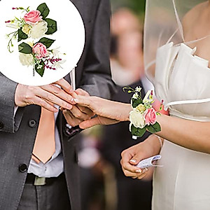VOSAREA Rose Boutonniere 1 Set Wrist Corsage Boutonniere Set Groom Boutonniere and Bride Wrist Corsage Handmade Artificial Corsage Set Bride Hand Flower Bouquet Pink Prom Corsage Wristlet