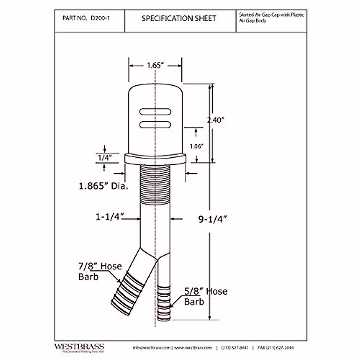 Westbrass R200-1-62 Air Gap Kit with Skirted Brass Cap, Powder Coat Flat Black