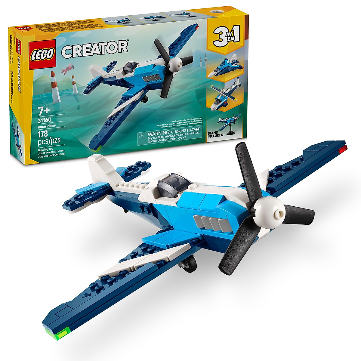 LEGO Creator 3 in 1 Aircraft Race Plane Toy - Building Toy with 3 Building Options, Airplane, Fighter Jet, or Helicopter - Gift Idea for Kids, Boys and Girls, Ages 7+ - 31160