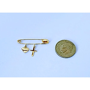 14k. Yellow Gold Baby Safety Pin with Two Charms/Cross & Heart Charms/Christening/Baptism/NOT Gold Filled NOT Gold Plated