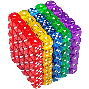150 Pieces 6-Sided Games Dice Set 5 Translucent Colors 14mm Dice for Board Games, Activity, Casino Theme, Teaching Math Games, Party Favors and More