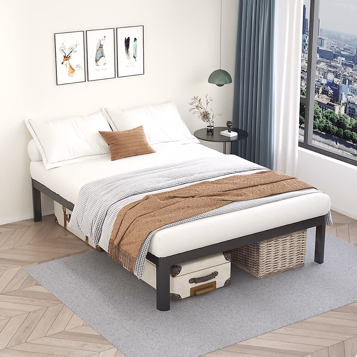 MAF 14 Inch Queen Platform Bed Frames with Wooden Slats, Black 3500 Lbs Heavy Duty Metal Bed Frame with Anti-Collision Round Legs, No Box Spring Needed, Easy Assembly