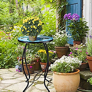 VCUTEKA Patio Side Table Outdoor Accent Table Bistro Coffee Table Plant End Table Small Porch Table Indoor Round Glass Balcony Plant Table Stands Sea Turtle