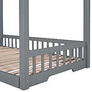 JIVOIT Extending Daybed with Trundle, Twin to King Design Daybed with Roof Design, Wooden House Bed Daybed Frame for Kids Teens Bedroom Furniture, No Box Spring Needed (Gray-Twin to King Design)