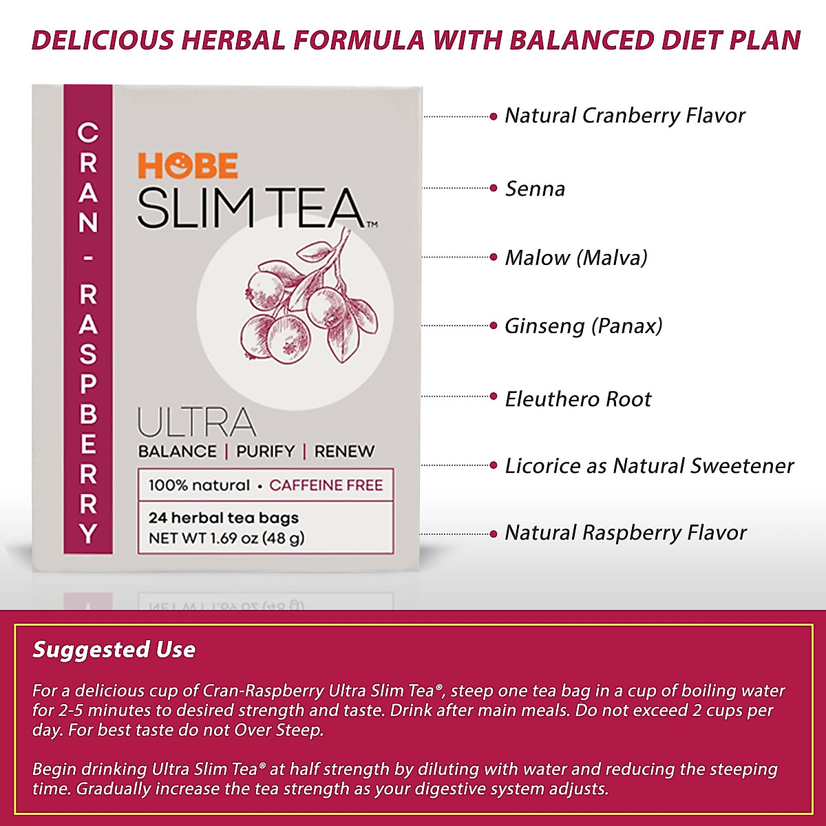 Ultra Slim Tea, Cran-Raspberry, Tea Bags, 24 Count Box