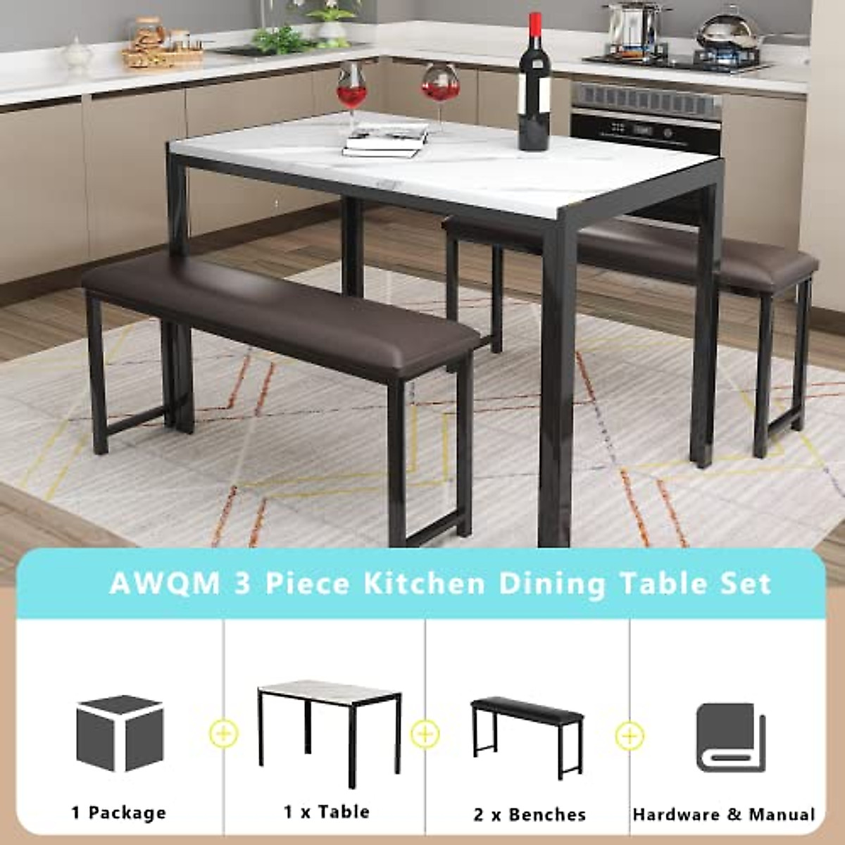 AWQM 3 Pieces Dining Room Table Set, Kitchen Table Set with Faux Marble Top Table and 2 PU Leather Upholstered Benches for Breakfast Nook, Apartment and Compact Space, White