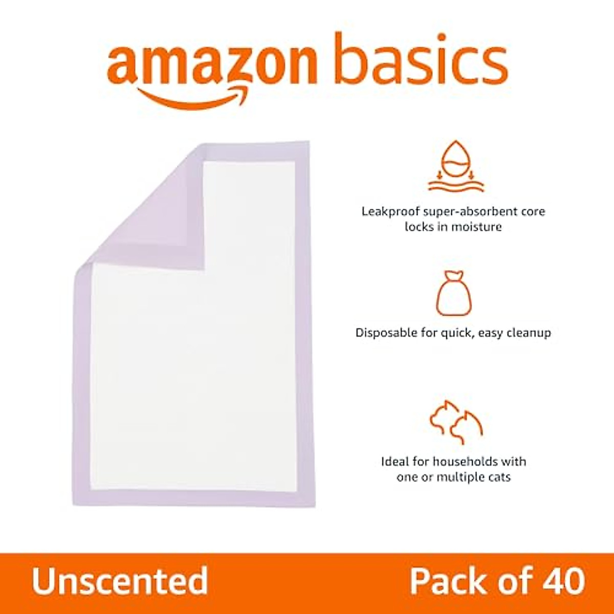 Amazon Basics Cat Pad Refills for Litter Box, Unscented, Pack of 40, Purple and White