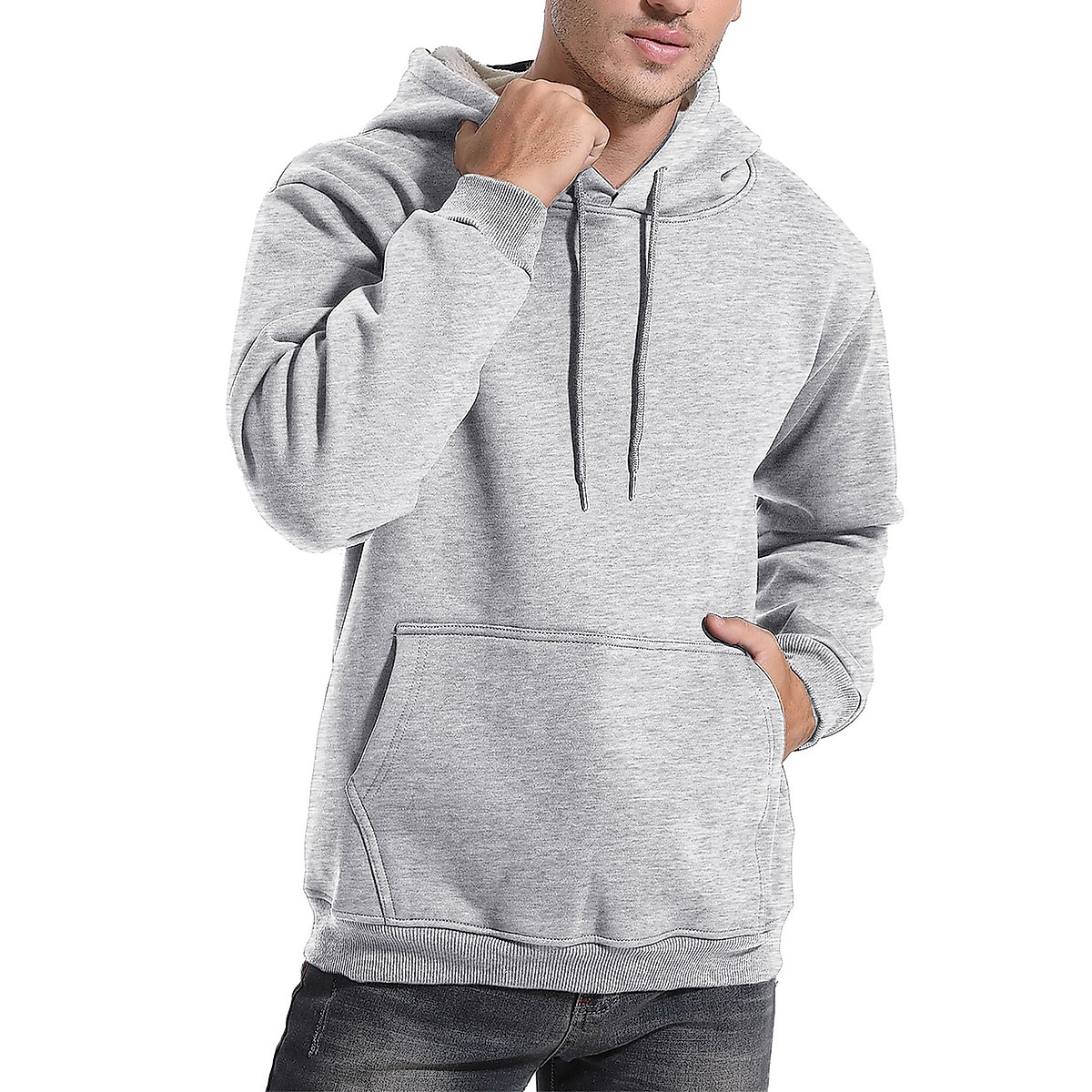 Flygo Men's Casual Fleece Sherpa Lined Hoodie Winter Warm Pullover Hooded Sweatshirt(Grey-M)