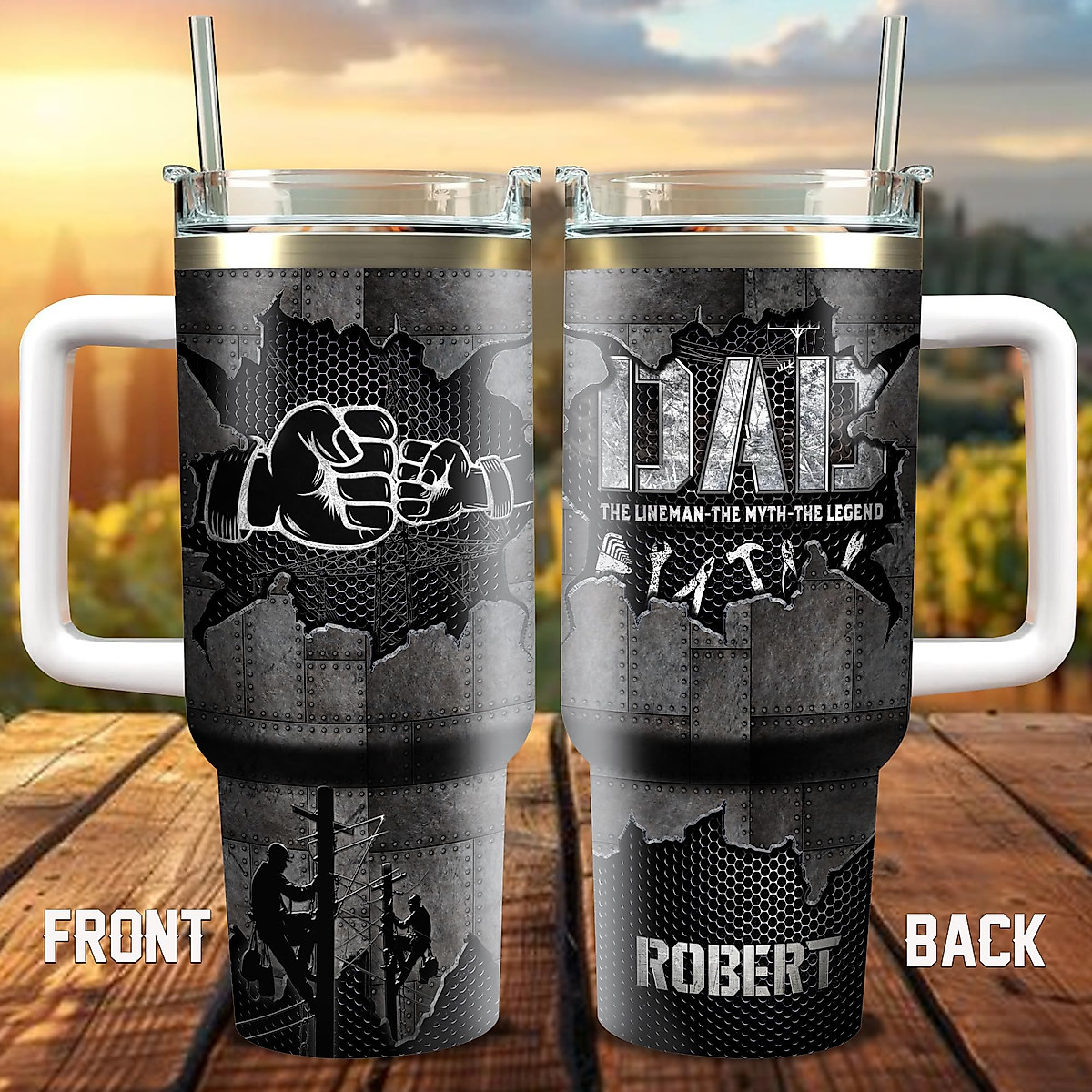 WAZONE Personalize Lineman 40oz Tumbler with Handle and Straw Lid Custom Name Vacuum Insulated Cup Travel Mug Stainless Steel Tumblers Gift Birthday Christmas Fathers Day for Lineworkers Father Dad