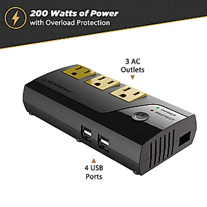 Scosche PI200PS-1 INVERT200 200W Mobile Power Inverter with 3 AC Outlets, 4 USB Ports and a 12V Car Adapter with Cable