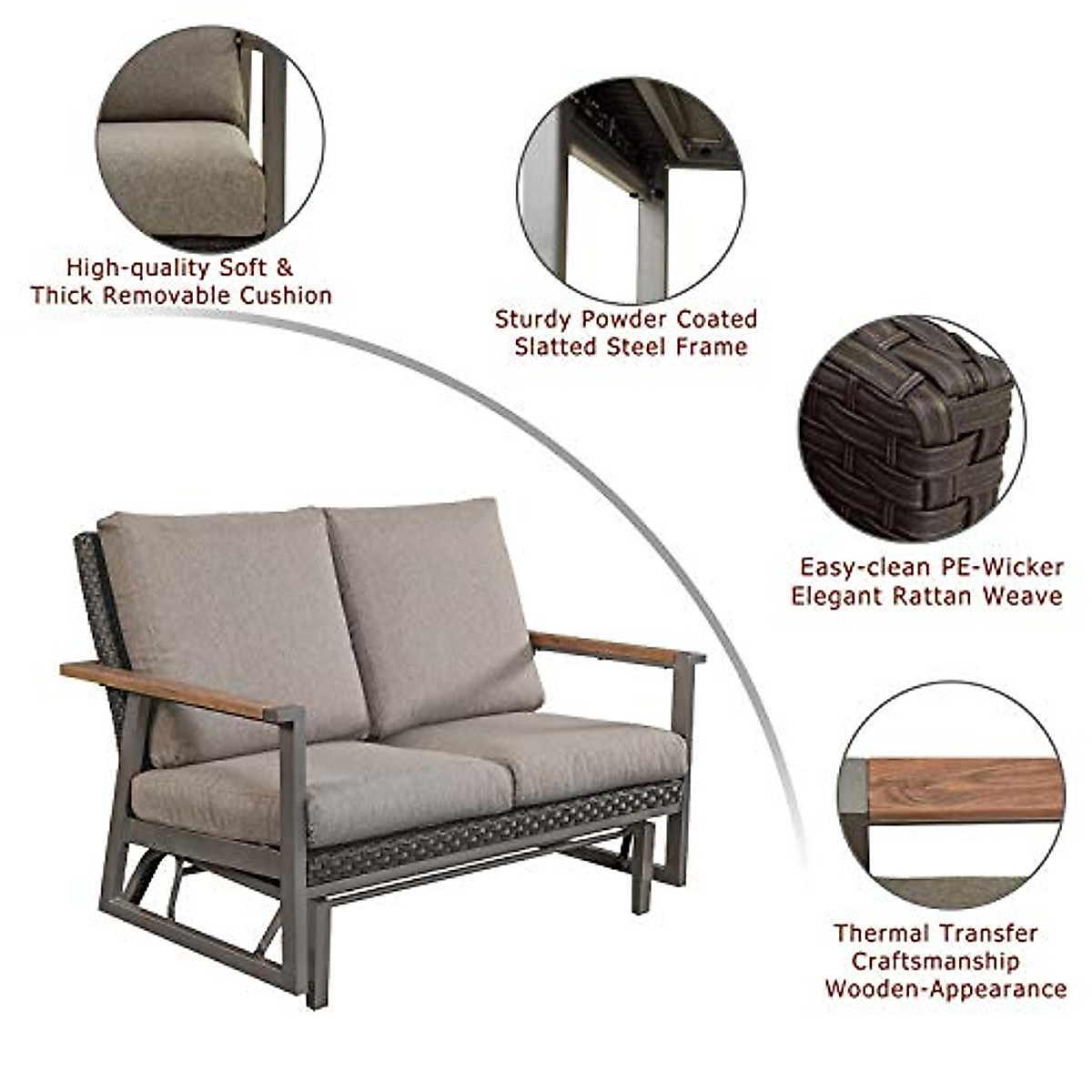 Festival Depot Patio Glider Metal Loveseat Chair Swing Bench with Cushions and Wicker Back Outdoor Furniture for Garden Backyard, Dark Grey