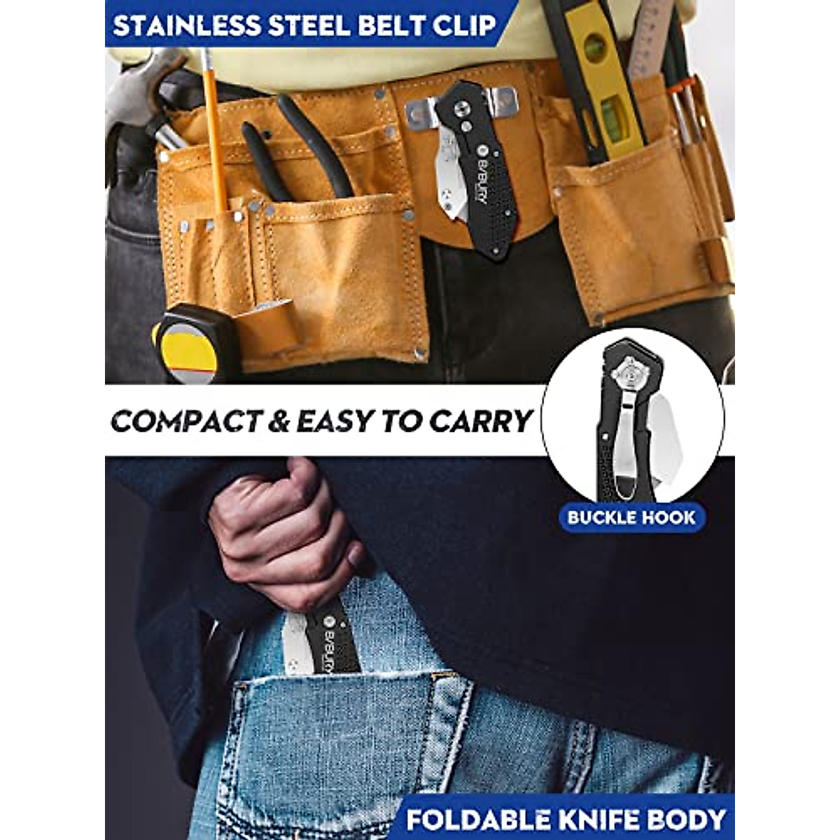 Utility Knife, BIBURY Upgraded Version Heavy Duty Box Cutter, Pocket Carpet knife with 10 Replaceable SK5 Stainless Steel Blades, Belt Clip, Easy Release Button, Quick Change and Safety Lock-Black