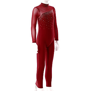Linjinx Kids Girls Long Sleeve Rhinestone Gymnastics Leotard Unitard Full Body One Piece Figure Ice Skating Jumpsuit Bodysuit Burgundy 10 Years