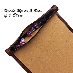 Scroll Dice Tray DIce mat Holder Storage Pouch Rolling Mat DND D and D Dungeons & Dragons Game Dice with Zippered Holds up to 14 Metal Plastic Polyhedral Dice Accessories (Brown)