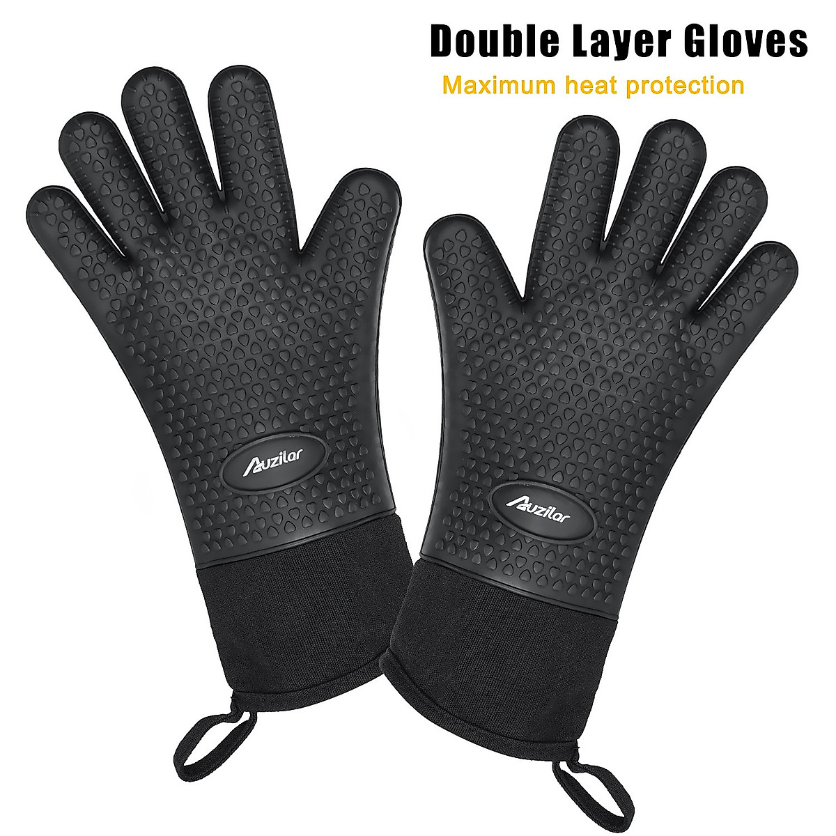 Auzilar Silicone Cooking Gloves, Grilling Gloves, Heat Resistant Gloves BBQ Kitchen Silicone Oven Mitts, Long Waterproof Non-Slip Potholder for Barbecue, Cooking, Baking