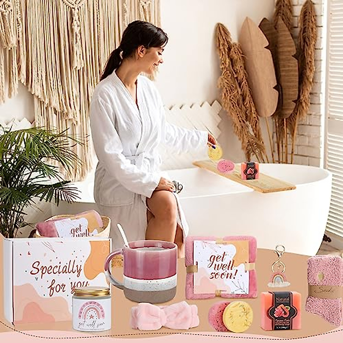 Get Well Soon Gifts for Women, Care Package Gift Feel Better Basket，Personalized Gifts After Surgery Recovery Gift Thinking of You Box with Blanket Coffee Tumbler for Women Friends Female