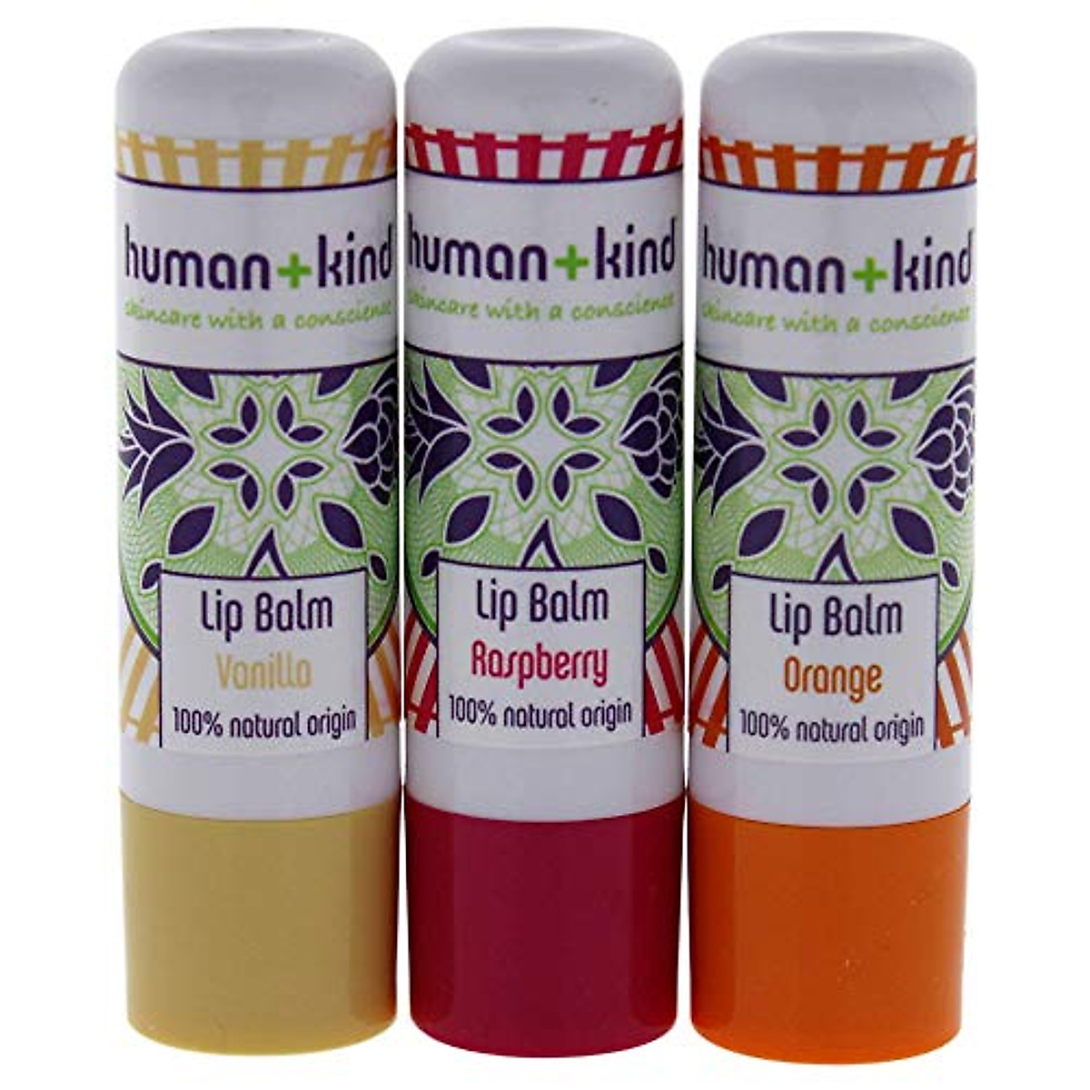 Human+Kind Fabulous Lip Trio - Raspberry, Orange, and Vanilla Natural Hydrating Lip Balm Collection - Ultra Moisturizing Chapstick with Vitamin E and Jojoba Oil - Repair Dry, Cracked Lips - 3 pc