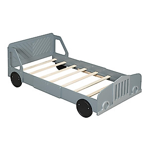 Harper & Bright Designs Twin Size Car-Shaped Bed with Wheels,Twin Kids Bed with Headboard & Footboard,Wood Twin Platform Bed Frame,Lightning McQueen Bed for Kids Boys Girls (Gray)