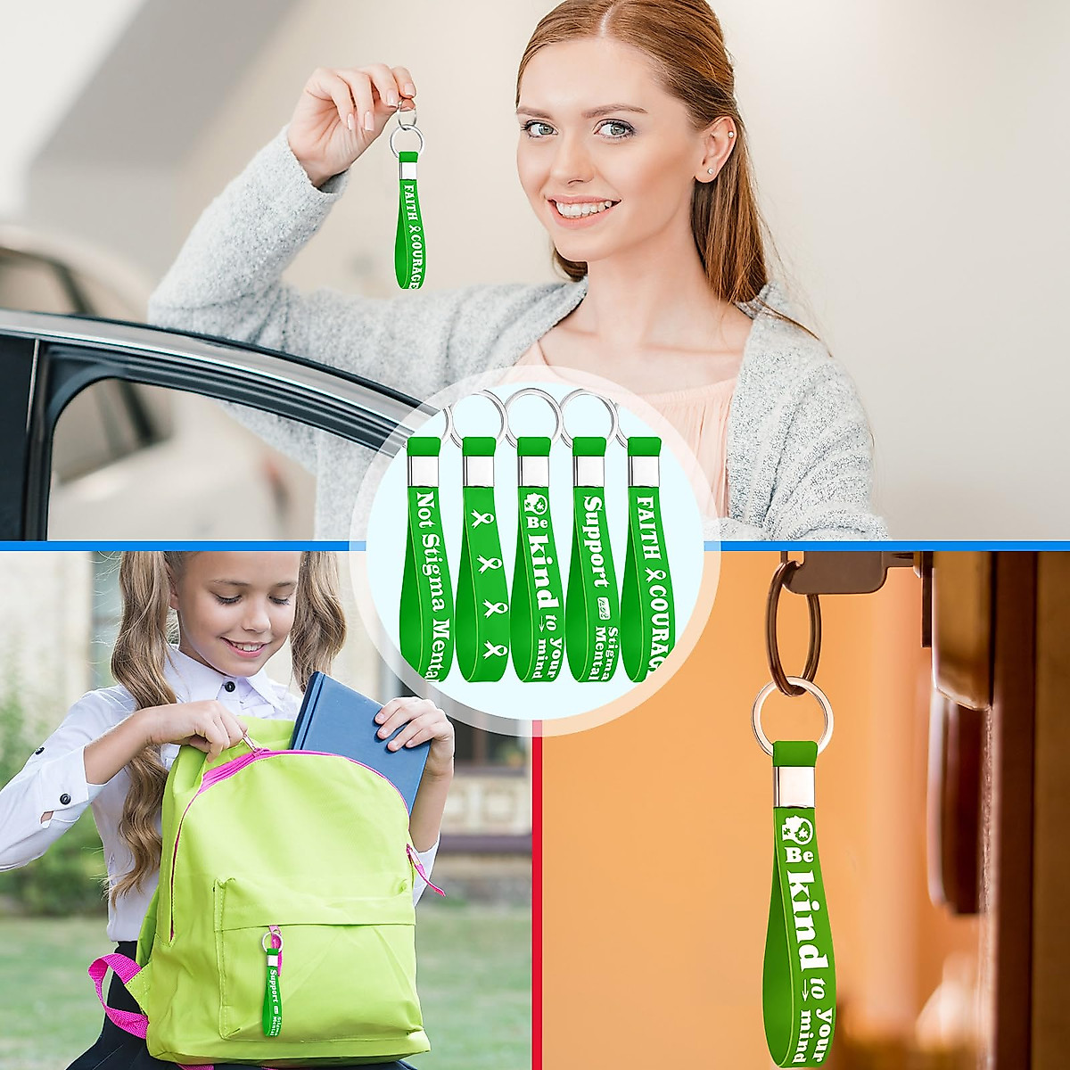 Blueweenly 100 Pcs Mental Health Awareness Silicone Keychains Gifts Green Awareness Ribbon Keychain Green Mental Faith Courage Hope Keychains for Adult Man Woman Gifts