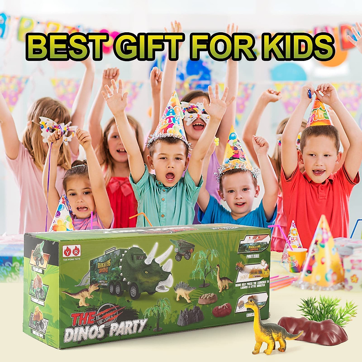 Dinosaur Toy Trucks for Kids - 28 Pack Pull Back Cars Set with Flashing Lights, Music,Roaring Sound,Dinosaur Car with Cars Launcher Track for Boys Girls Age 3 4 5 6 7 8 Year Old (Green)