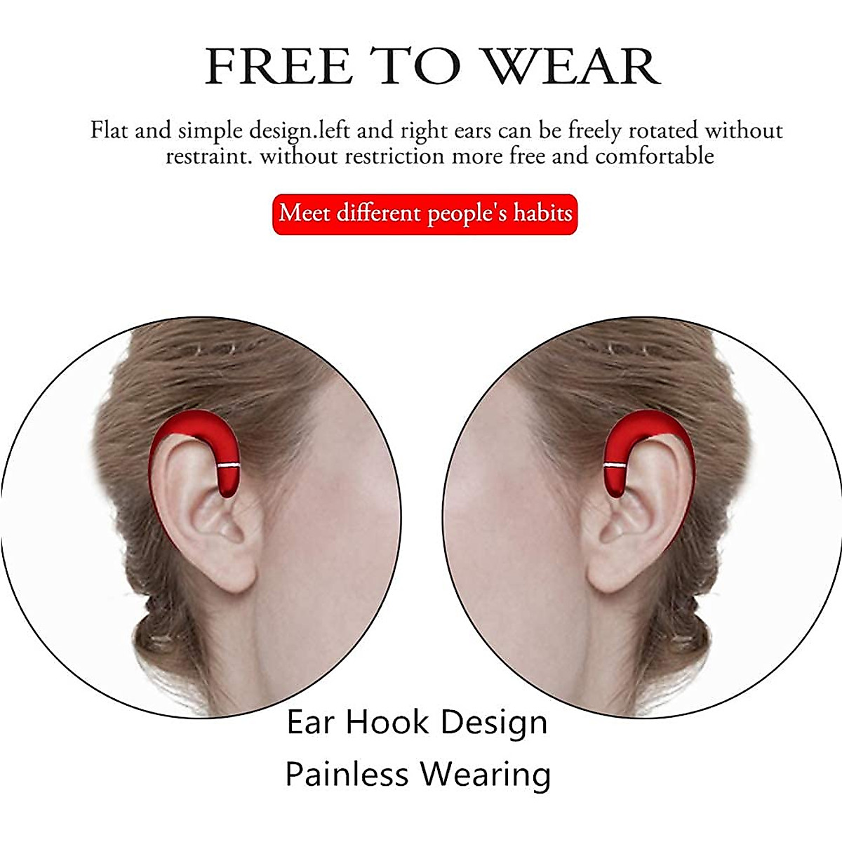 Sunffice Ear Hook Bluetooth Wireless Headphone,Non Ear Plug Headset with Microphone,Single Ear Noise Cancelling Earphones Painless Wearing for Android Smartphones,iPhone14 13 12 11 X 8 (Red)