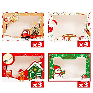 EPDPLAY 12 PCS Christmas Cookie Boxes with Window Holiday Food Treats Container for Gift Giving, Santa Snowman christmas tree gingerbread Man Cookie Boxes for Pastries Cupcakes Candy and Party Favor