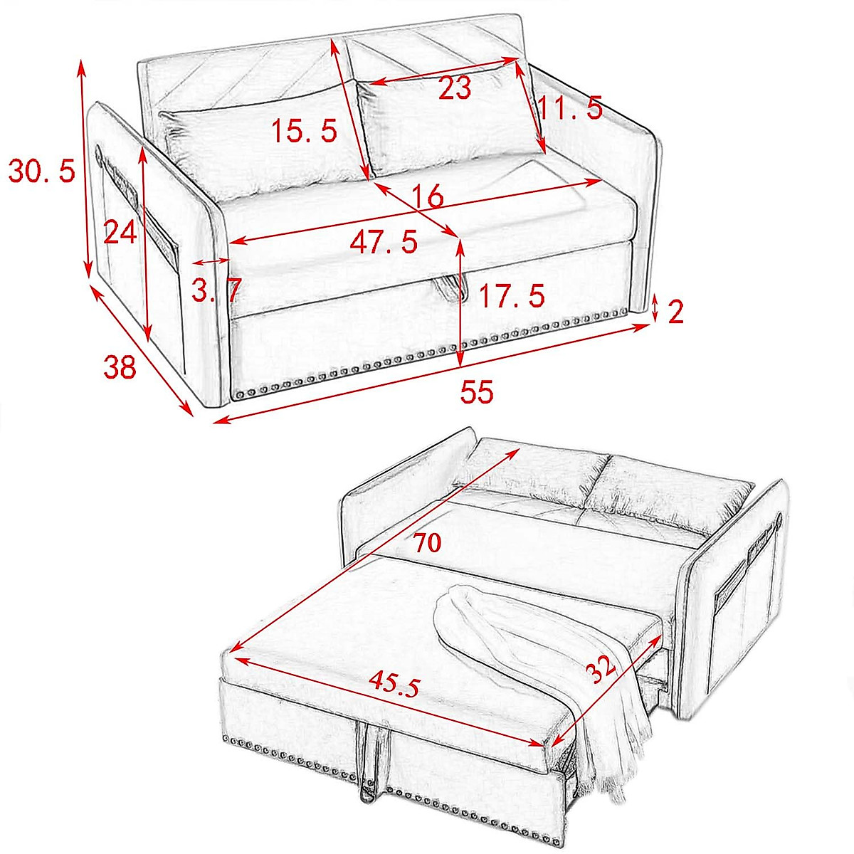 Antetek Sleeper Sofa Bed w/USB Port, Modern 3-in-1 Convertible Upholstered Velvet Loveseat Sofa w/Pull Out Bed, Small Futon Couch with Adjustable Backrest for Living Room Small Space Apartment, Black