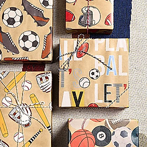 RUSPEPA Kraft Wrapping Paper Sheet - Football and Birthday Printed, Great for Boys, Baby Shower, Holiday - 12 Sheets Packed as 2 rolls - 17.5 x 30 Inch per sheet