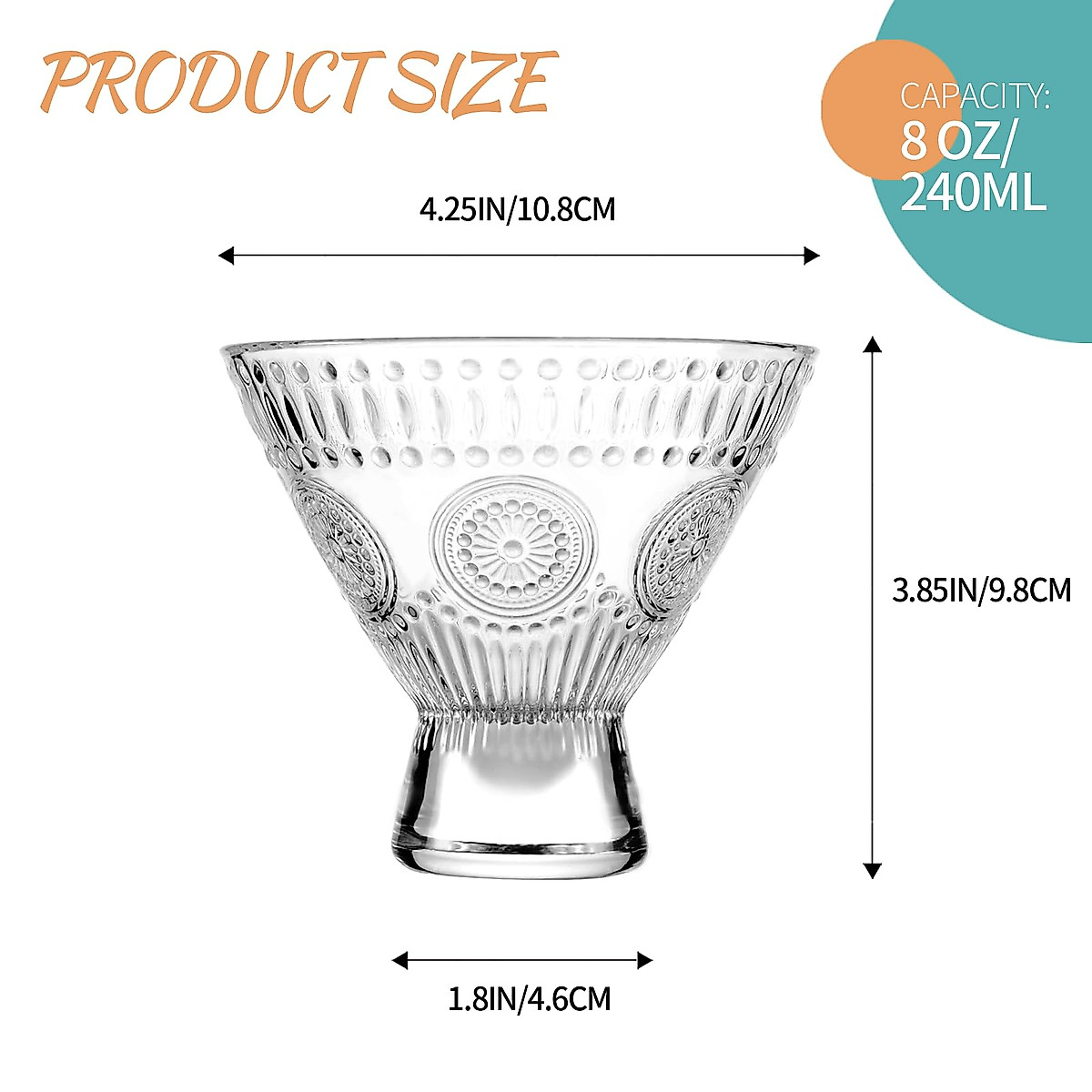 Wongblee 6Pcs Stemless Martini Glasses, 8.5oz Vintage Cocktail Glasses, Glass Dessert Cups for Home Bar, Restaurant, Party