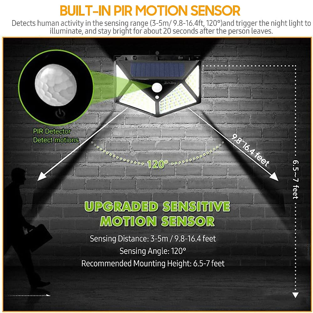 ERYUE Outdoor lamp, Solar Wall Light Motion Sensor 100 LEDs Outdoor Waterproof Solar LED Wall Lamp PIR Solar Powered Landscape Path Lights Auto On/Off for Fence Front Door Gate Balcony Yard Garden