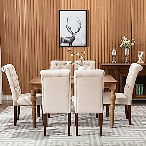 COLAMY Tufted Dining Room Chairs Set of 4, Parsons Diner Chairs Upholstered Fabric Side Kitchen Chairs with Solid Wood Legs and Padded Seat - Beige