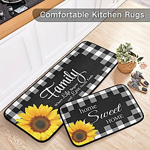Black White Buffalo Plaid Check Sunflower Kitchen Rugs and Mats Set of 2 Non Slip Kitchen Floor Mats Comfort Standing Desk Mat for Doormat Bathroom Bedroom Runner Area Rug for Home Decor Washable