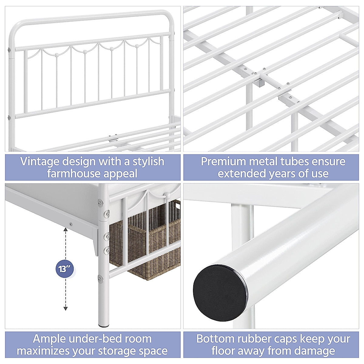 Yaheetech Queen Size Metal Bed Frame with Vintage Headboard and Footboard, Farmhouse Metal Platform Bed, Heavy Duty Steel Slat Support, Ample Under-Bed Storage, No Box Spring Needed, White