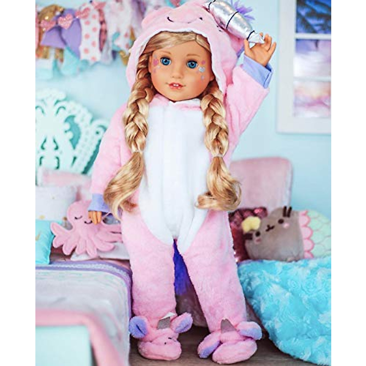 MY GENIUS DOLLS Unicorn Matching Onesie Pajamas and Sleepmasks - Fits Girl and 18 inch Doll Like American (Doll Not Included)