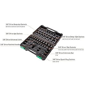 Denali 46-Piece 3/8-Inch Drive 6 & 12 Point Shallow/Deep Socket Set and 72 Teeth Reversible Ratchet, SAE/Metric Size With Carrying Case, 13.1 in x 9.7 in x 3 in