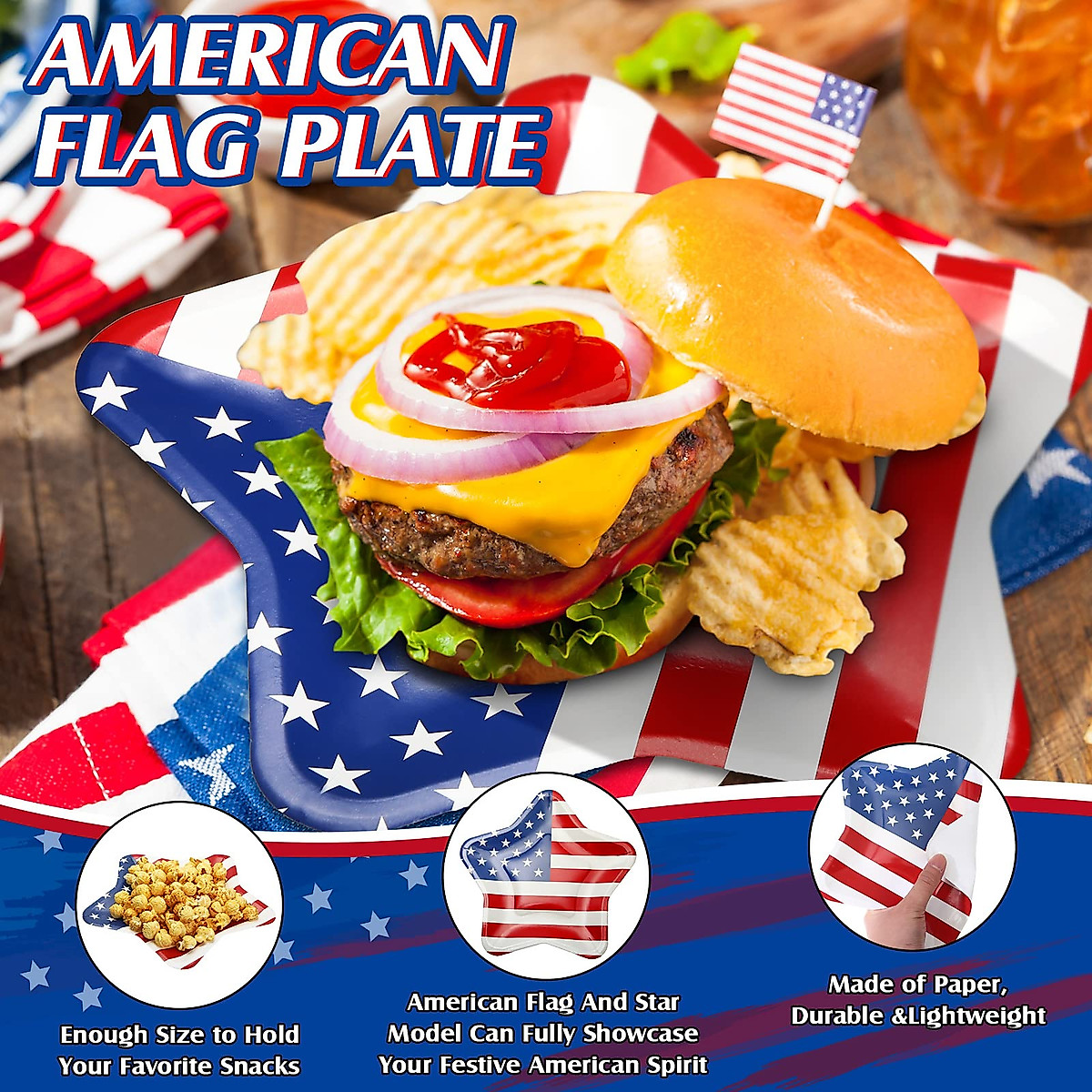 Sunnyray Patriotic Christmas Paper Plates 9 Inch Dessert Star Shape Plates Disposable American Flag 4th of July Tableware USA Star Serving Trays for Cookies Barbecue Picnic (Pentagram,100 Pcs)