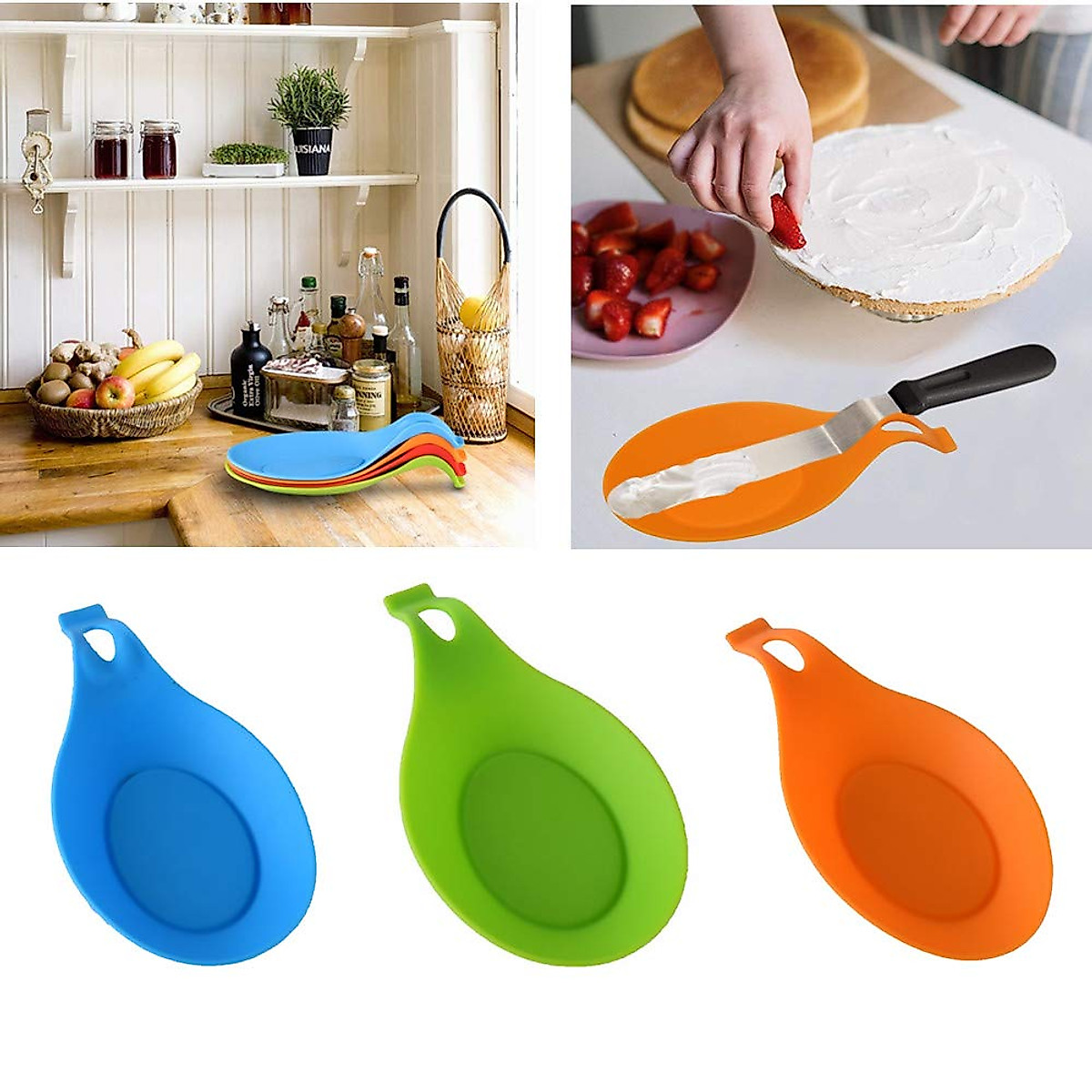 Kitchen Silicone Spoon Rest, 3 Pack Flexible Almond-Shaped Spoon Ladle Holder, Silicone Cooking Utensil Rest