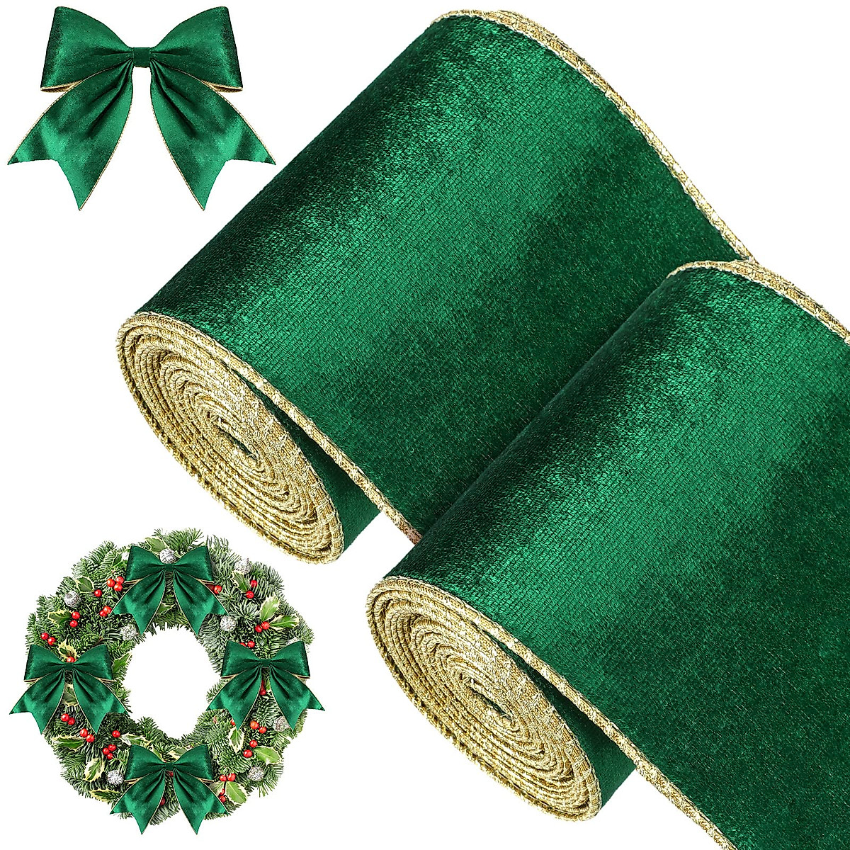 WILLBOND 2 Rolls Christmas Red Velvet Ribbon Wired Edge Trim Wrapping Fabric Christmas Ribbon for Gift Wrapping Bow Wedding Decoration Craft(4 Inch x 6 Yards,Green)