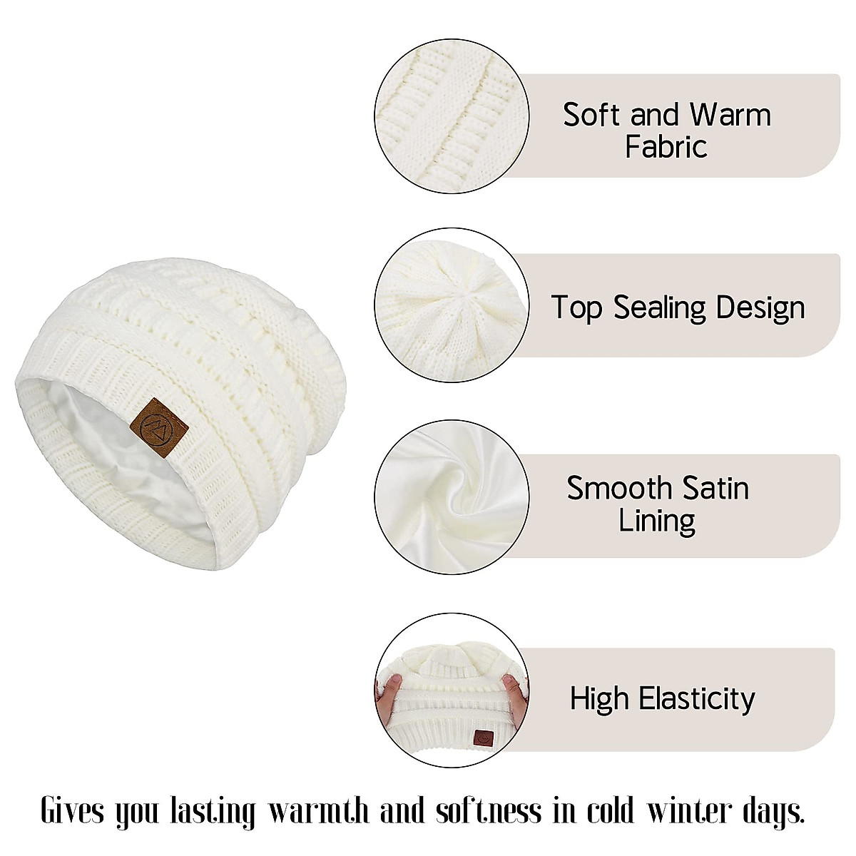 American Trends Satin Lined Beanie Hats Winter Hats for Women Cable Warm Knit Skull Cap Thick Slouchy Beanie Black&Light Grey&White&Pink