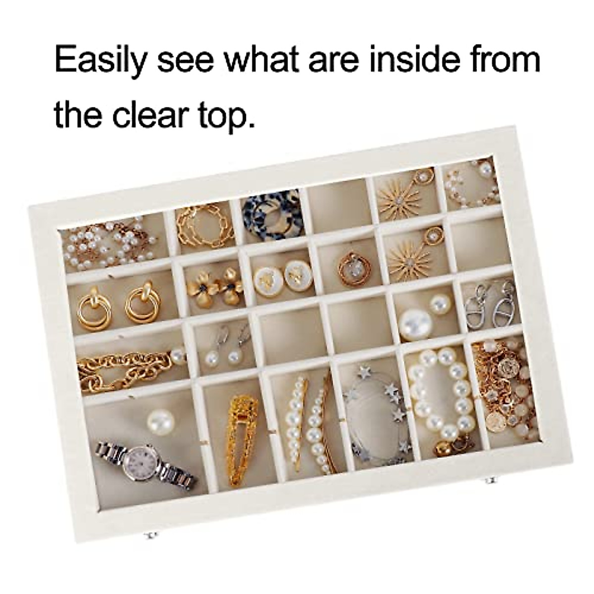 Mebbay 35 Grid Velvet Jewelry Tray Organizer Felt Jewelry Box Tray Holder with Clear Lid for Drawer, Stud Earring Necklace Bracelet Ring Healing Stones Storage (Creamy White), 13.8" x 9.4" x 2"