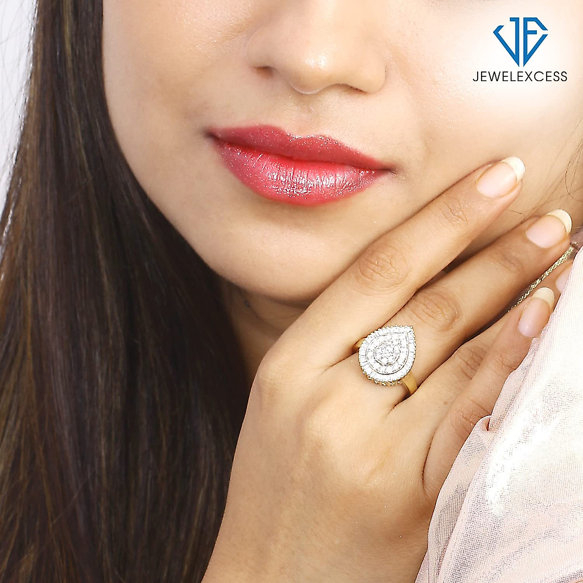 JEWELEXCESS White Diamond 1 Carat Ring with Sterling Silver or 14K Gold over Silver for Women & Girls | Teardrop Halo Promise Ring with Round & Baguette Cut Diamonds