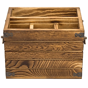 MyGift Rustic Burnt Wood Dining Utensil Holder for Kitchen Counter, Flatware Serving and Napkin Holder Caddy with Antique Metal Wraps and Handles