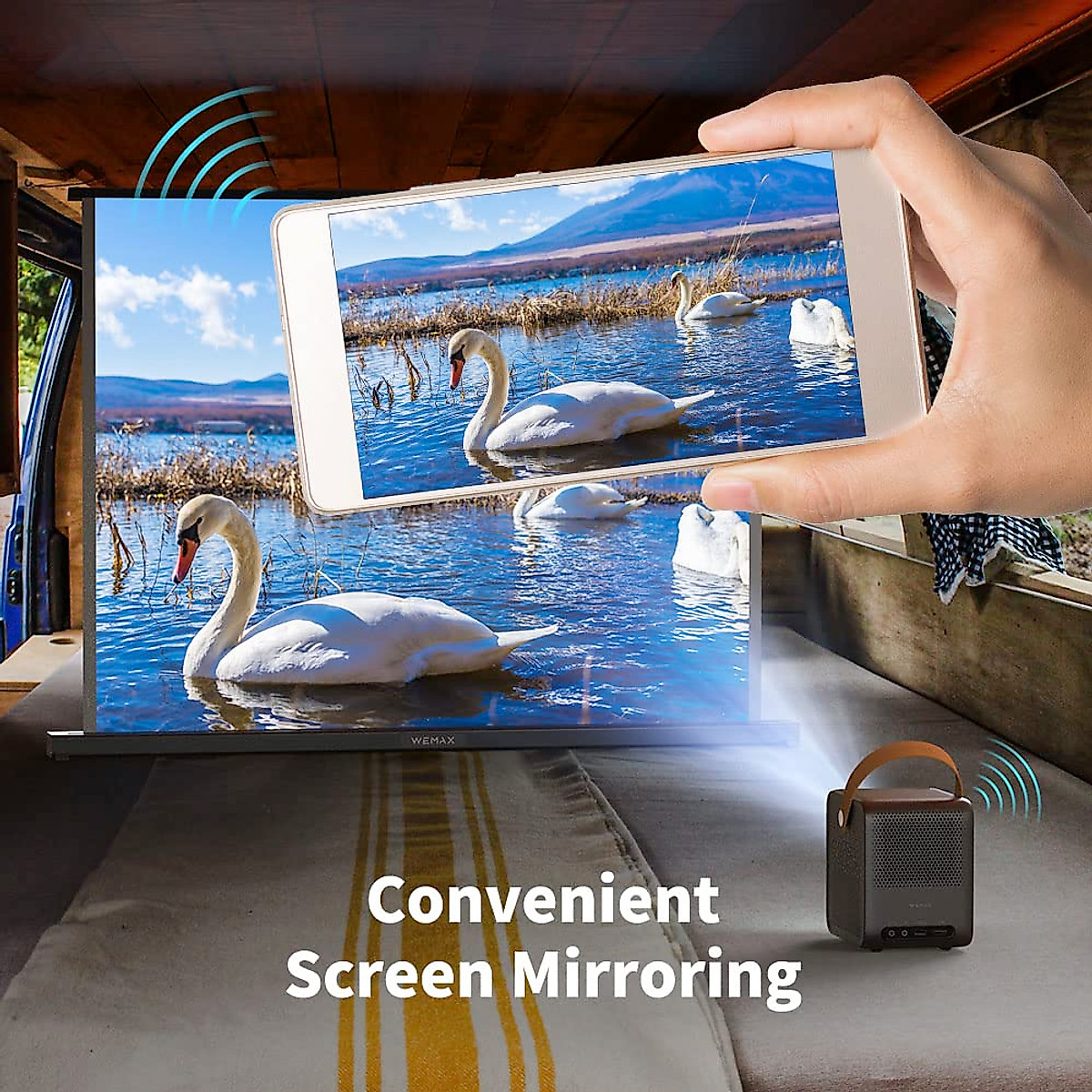 WEMAX Dice Portable Projector, Mini Outdoor Projectors 4K Supported for Movie, 3 Hrs Battery Video Time, Android TV, 1080p Full HD, Dual Dolby Audio DTS-HD Speakers, Auto Focus, Auto Keystone