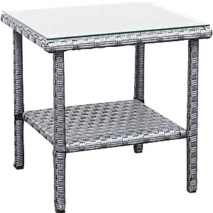 Outdoor PE Wicker Side Table - Patio Rattan Garden Coffee End Square Table with Glass Top Furniture, Grey