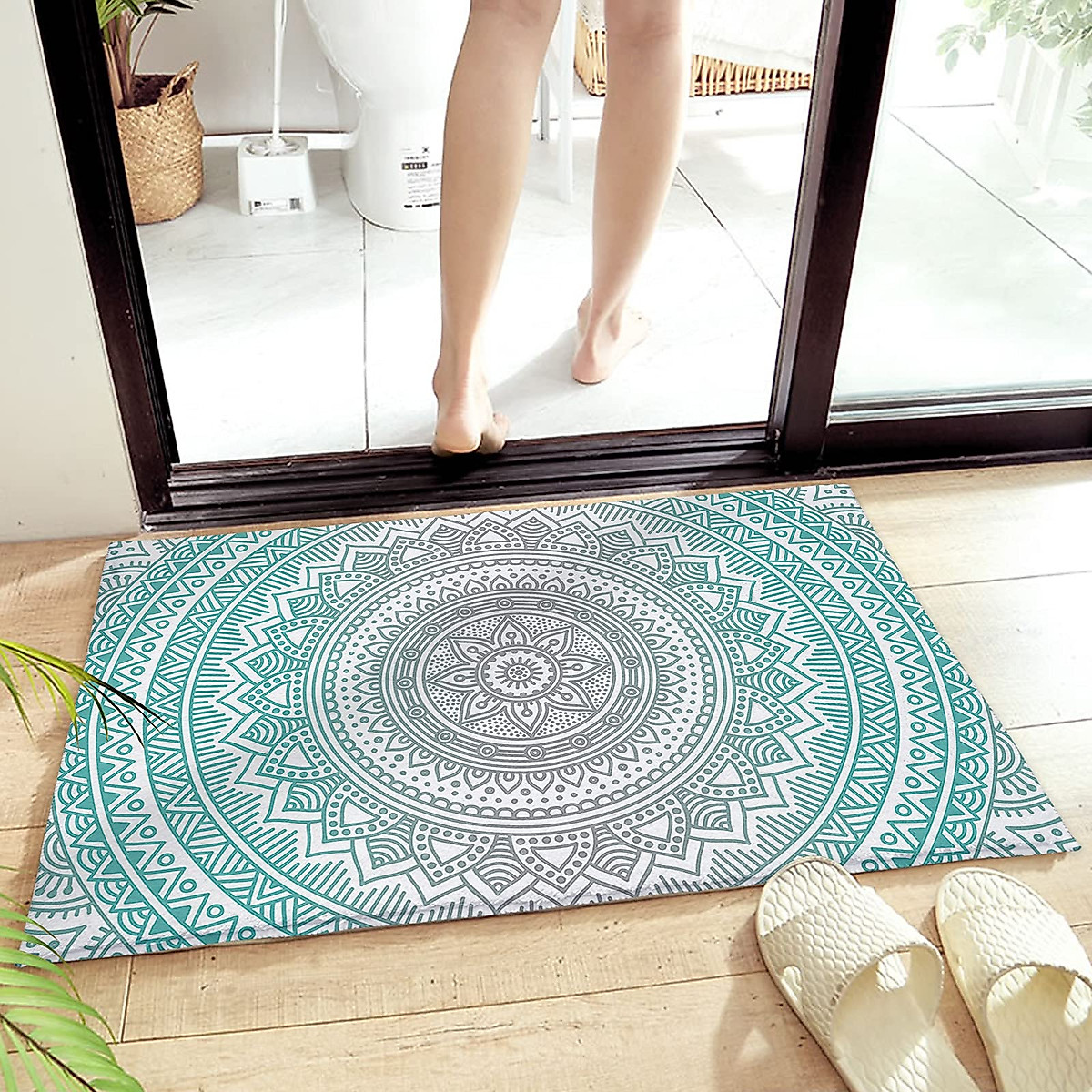 Door mat Turquoise Grey Flower Furry Door Mat Fluffy Area Rug - 18" x 30" Non-Slip Absorbent Bathroom Rugs, Floral Abstract Art Aesthetics Washable Indoor Carpet Runner for Bedroom Laundry