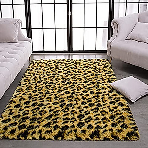 ECOBER Premium Fluffy Leopard Print Rug, Shaggy Leopard Rugs for Bedroom Living Room Kids Western Home, Soft Decorative Animal Printed Carpet, 4x6 Feet Khaki Black
