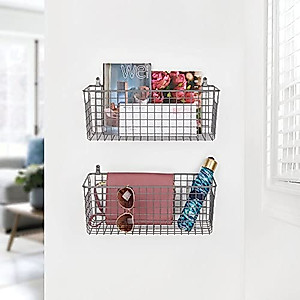 mDesign Portable Metal Farmhouse Wall Decor Storage Organizer Basket Bin with Handles for Hanging in Entryway, Mudroom, Bedroom, Bathroom, Laundry Room - Wall Mount Hooks Included, 2 Pack - Graphite
