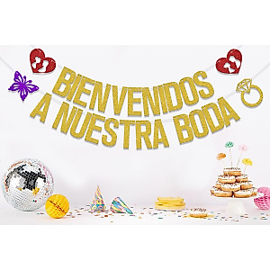 KEWUFD Spanish Welcome To Our Wedding Banner, Funny We're Engaged Decorations Wedding Party Decorations Bridal Shower Photo Prop Sign Gold Glitter