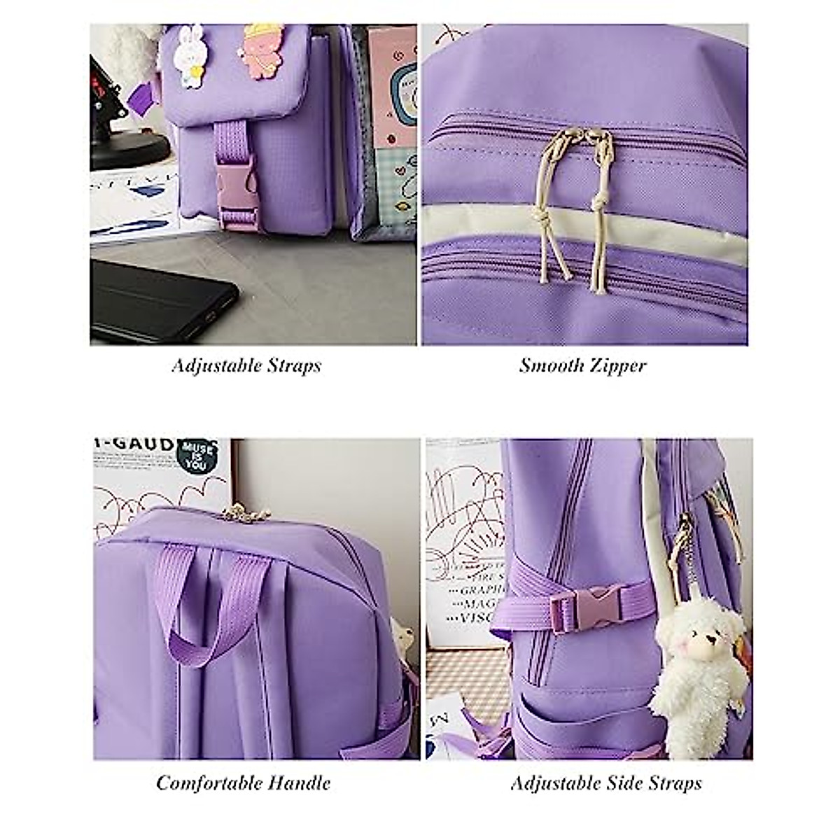 JHTPSLR Kawaii Backpack Set of 5 with Pins and Accessories Bunny and Carrot Plushies Cute Aesthetic Display Window Backpack Set (Blue)