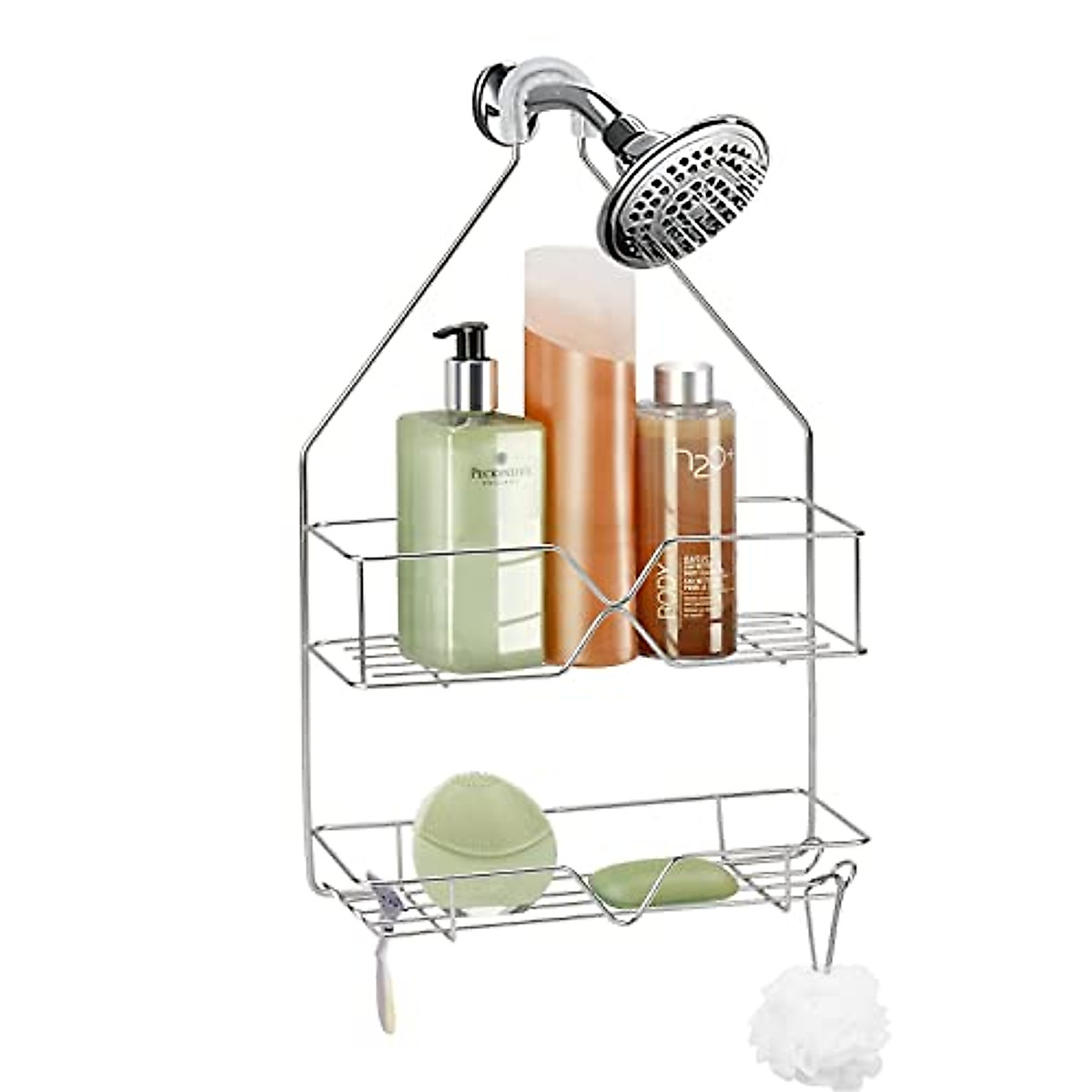 TreeLen Hanging Shower Caddy over Shower Head Bathroom Shower Organizer Rustproof with 4 Hooks for Razor Small Shampoo Racks for Shower Storage Shelf Holder-Chrome-Stainless Steel